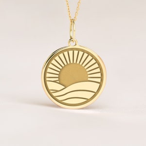 14k Solid Gold Sun Necklace • Dainty Sunset Pendant • Personalized ...