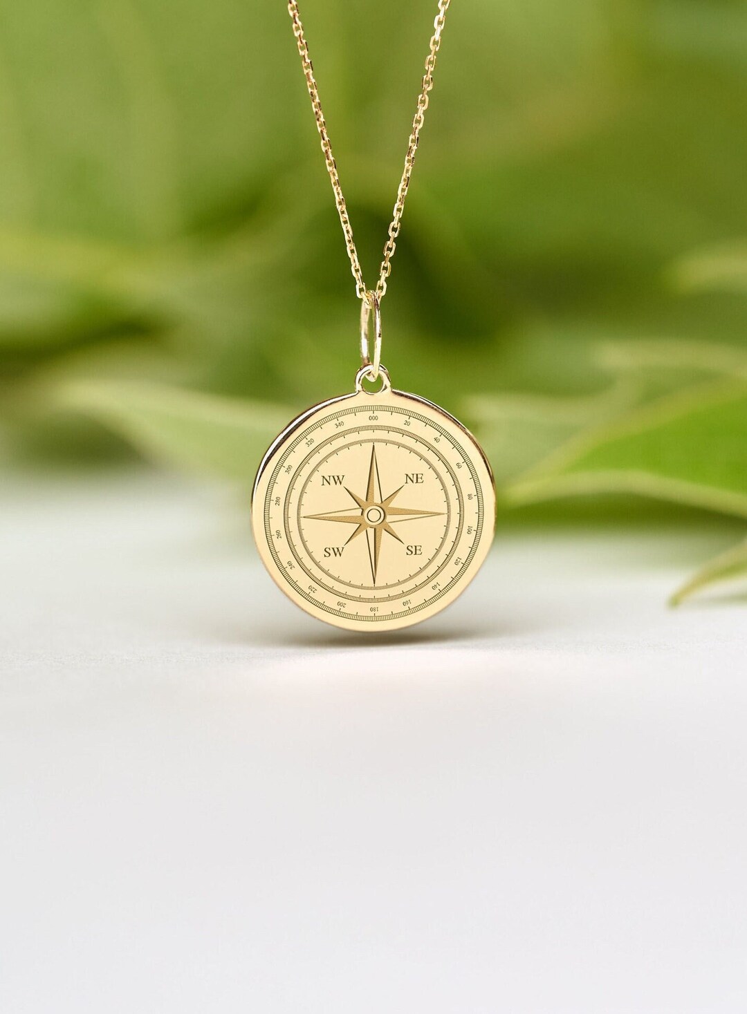 14k Solid Gold Compass Necklace • North Star Disc Pendant • Travel ...