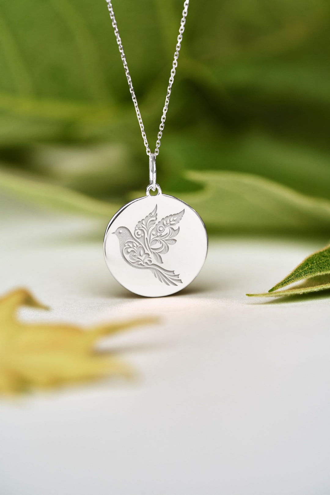 Sterling Silver Dove Necklace • Peace Symbol Disc • Dainty Religious ...