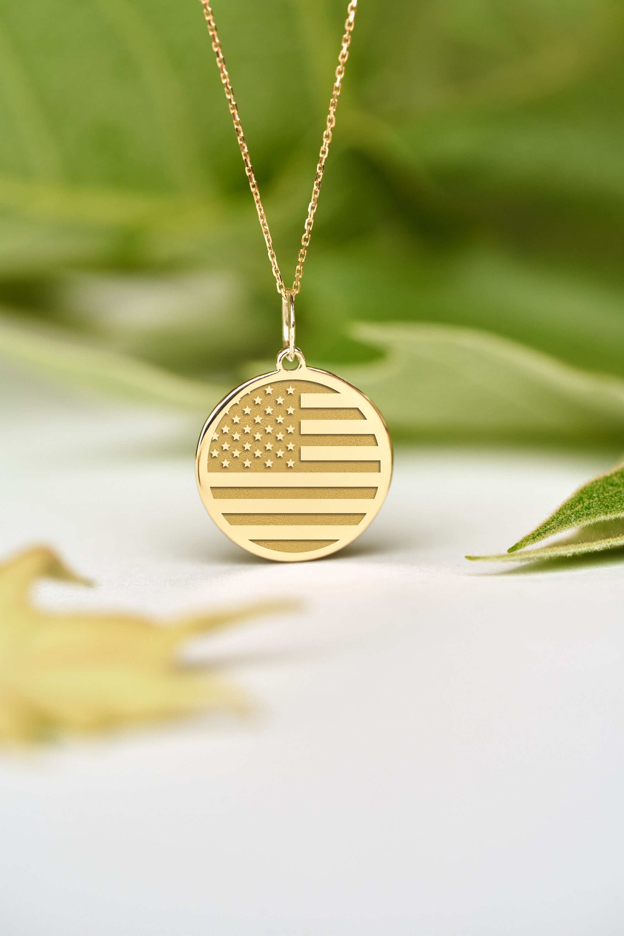 14k Solid Gold American Flag Necklace • Dainty Stars and Stripes Flag ...