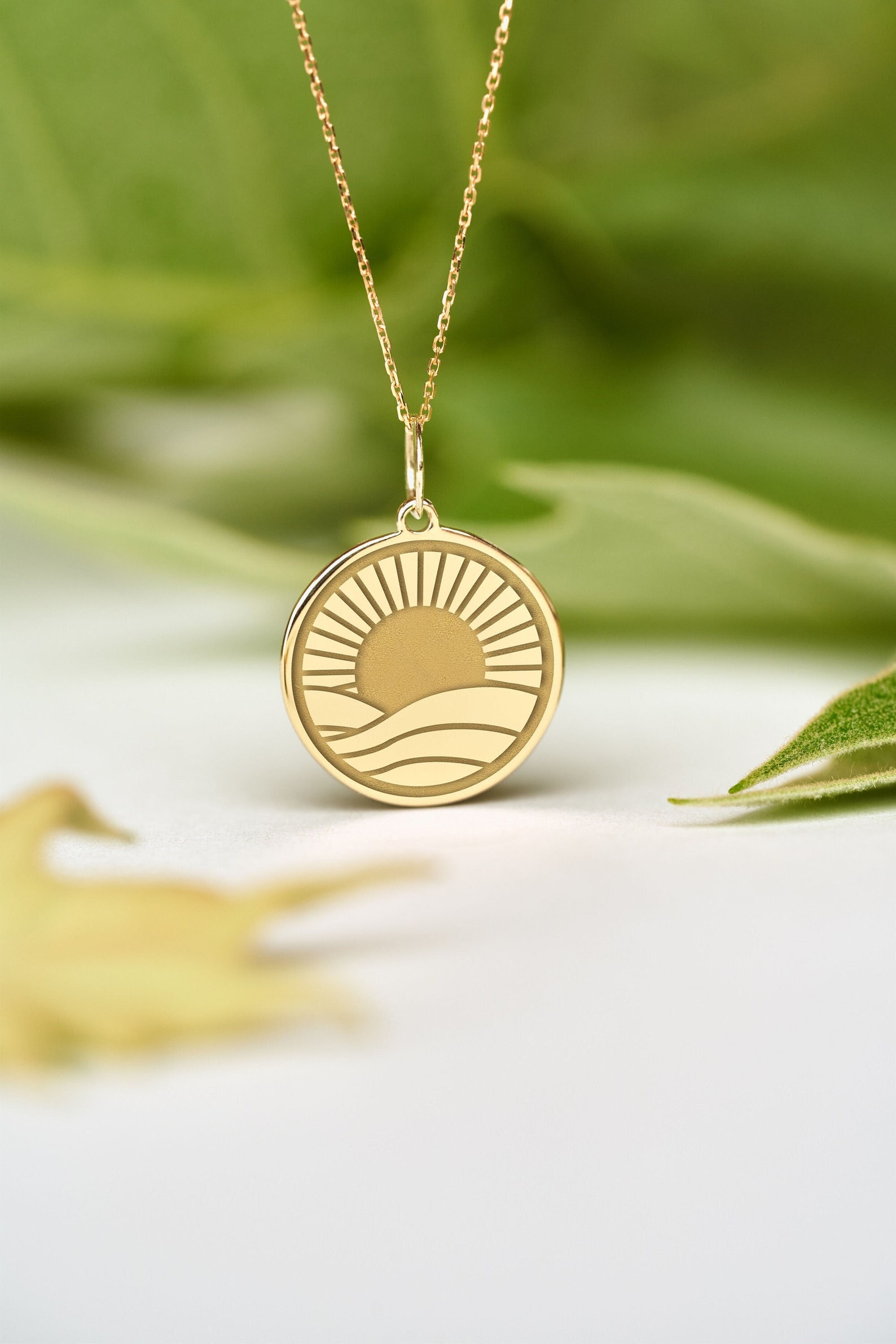 14k Solid Gold Sun Necklace • Dainty Sunset Pendant • Personalized ...