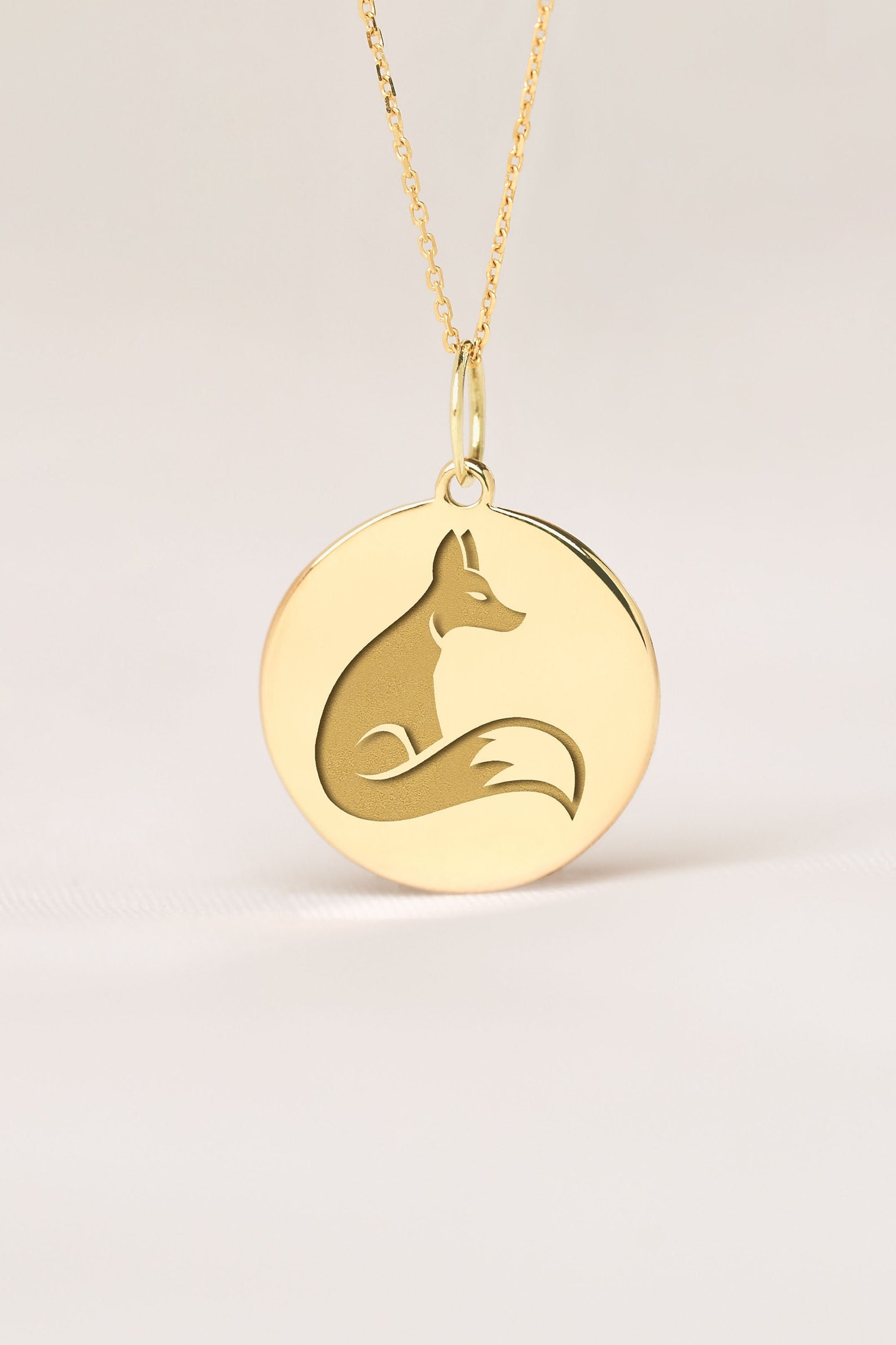 14k Solid Gold Fox Necklace • Dainty Fox Pendant • Engraved Animal ...