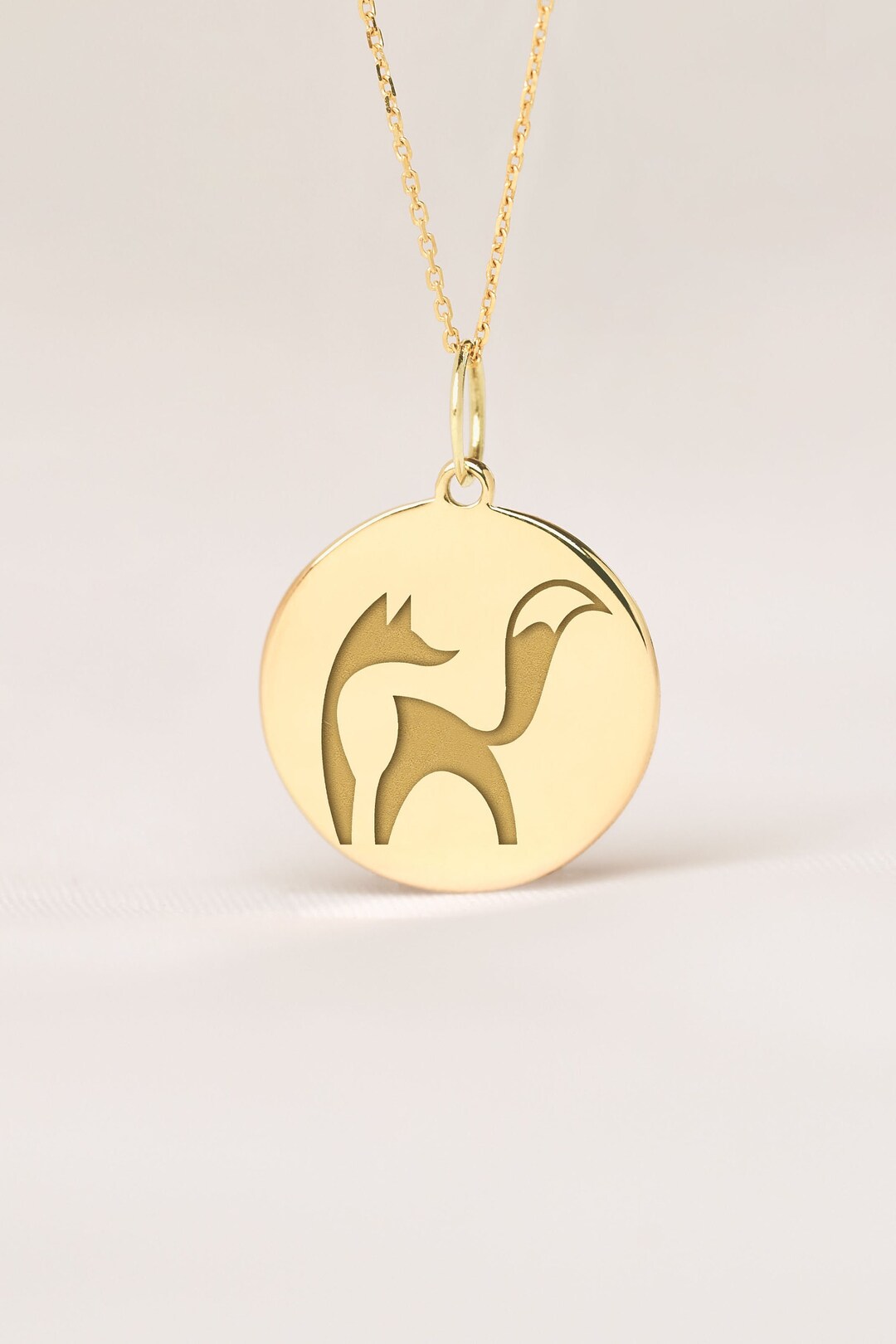 14k Solid Gold Fox Necklace • Engraved Fox Disc Pendant • Clever Animal ...