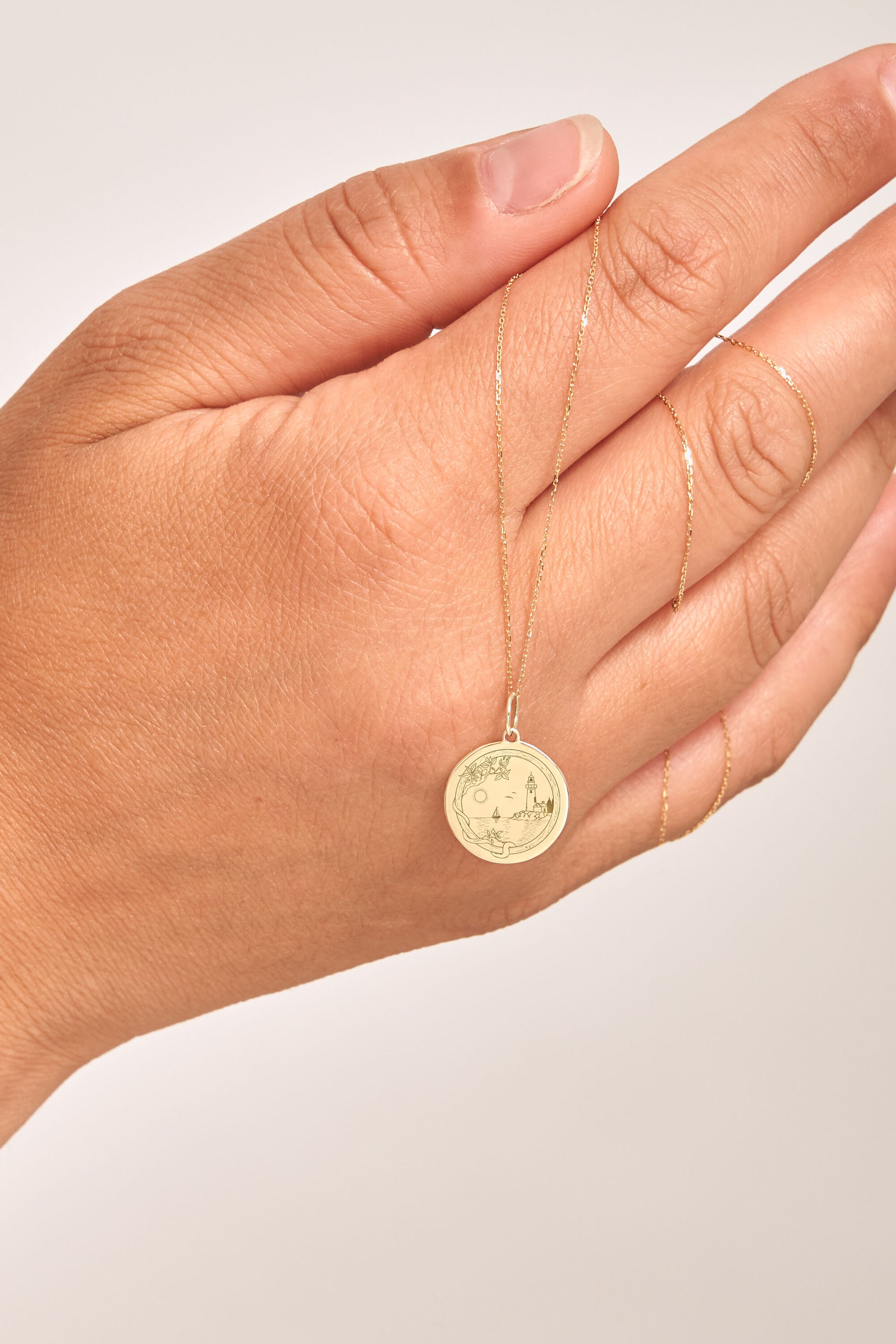 14K Solid Gold Lighthouse Necklace Dainty Nautical Scene Pendant ...