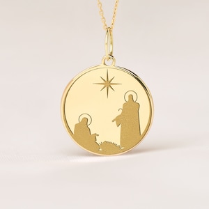 14k Solid Gold Manger Scene Necklace • Dainty Jesus in Manger Pendant ...