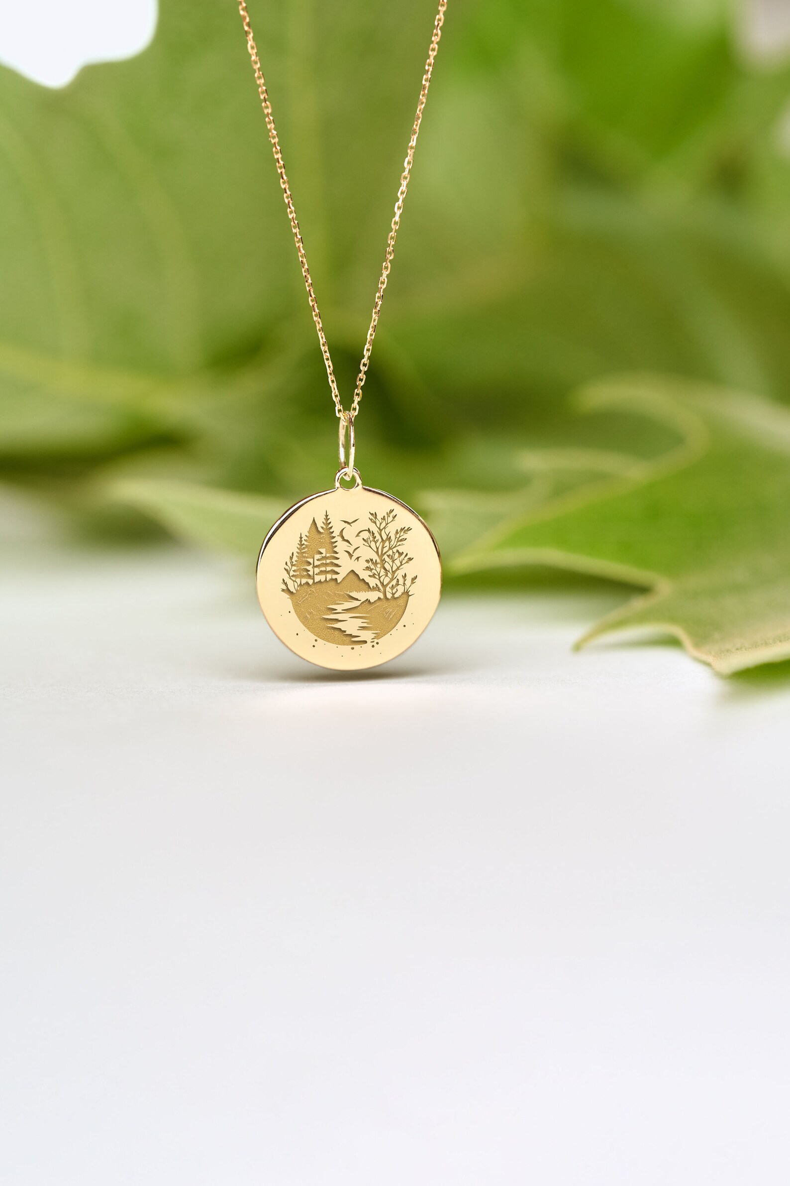 14k Solid Gold Nature Landscape Necklace • Dainty Forest Pendant ...