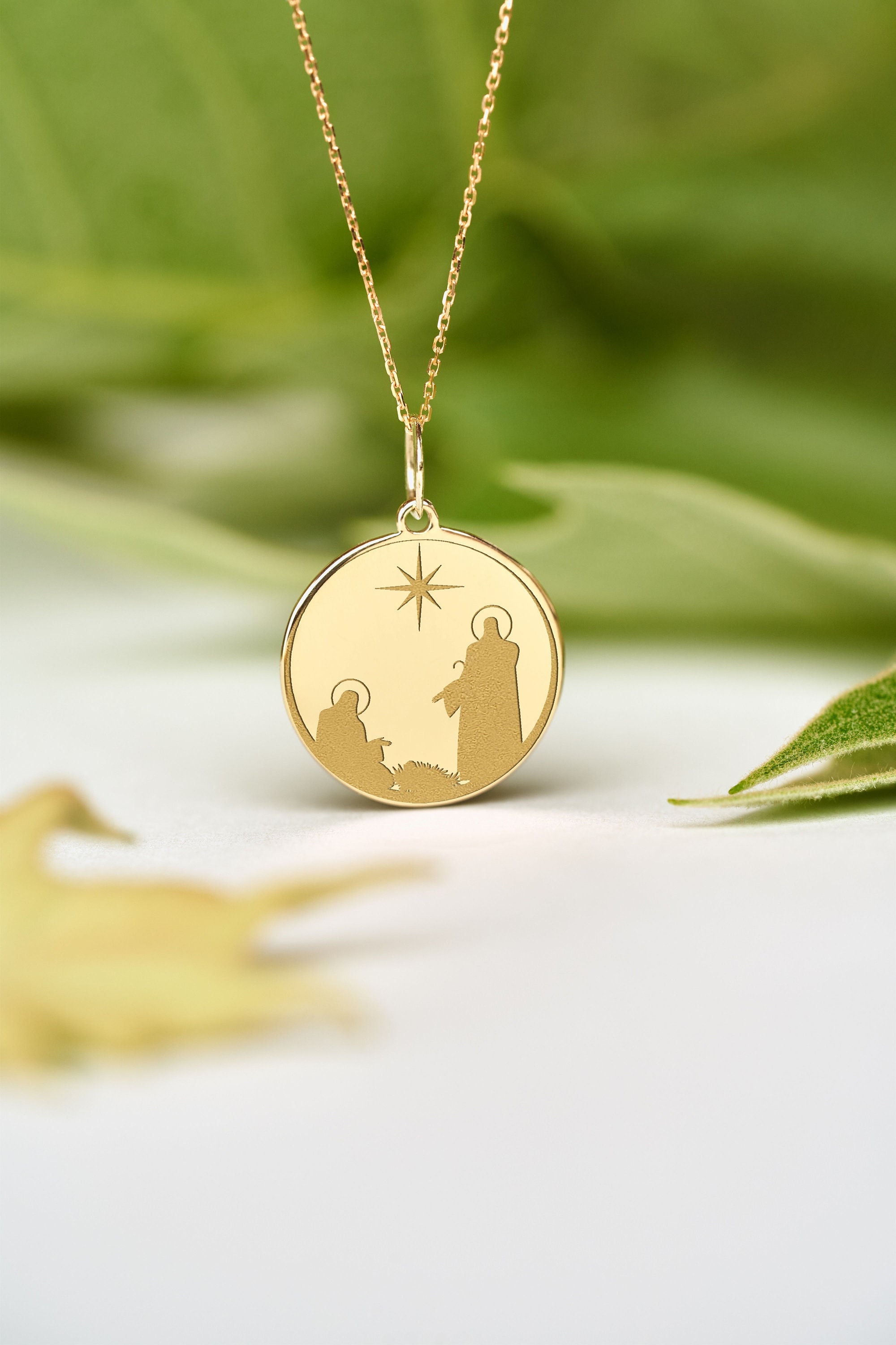 14k Solid Gold Manger Scene Necklace Dainty Jesus in Manger Pendant ...