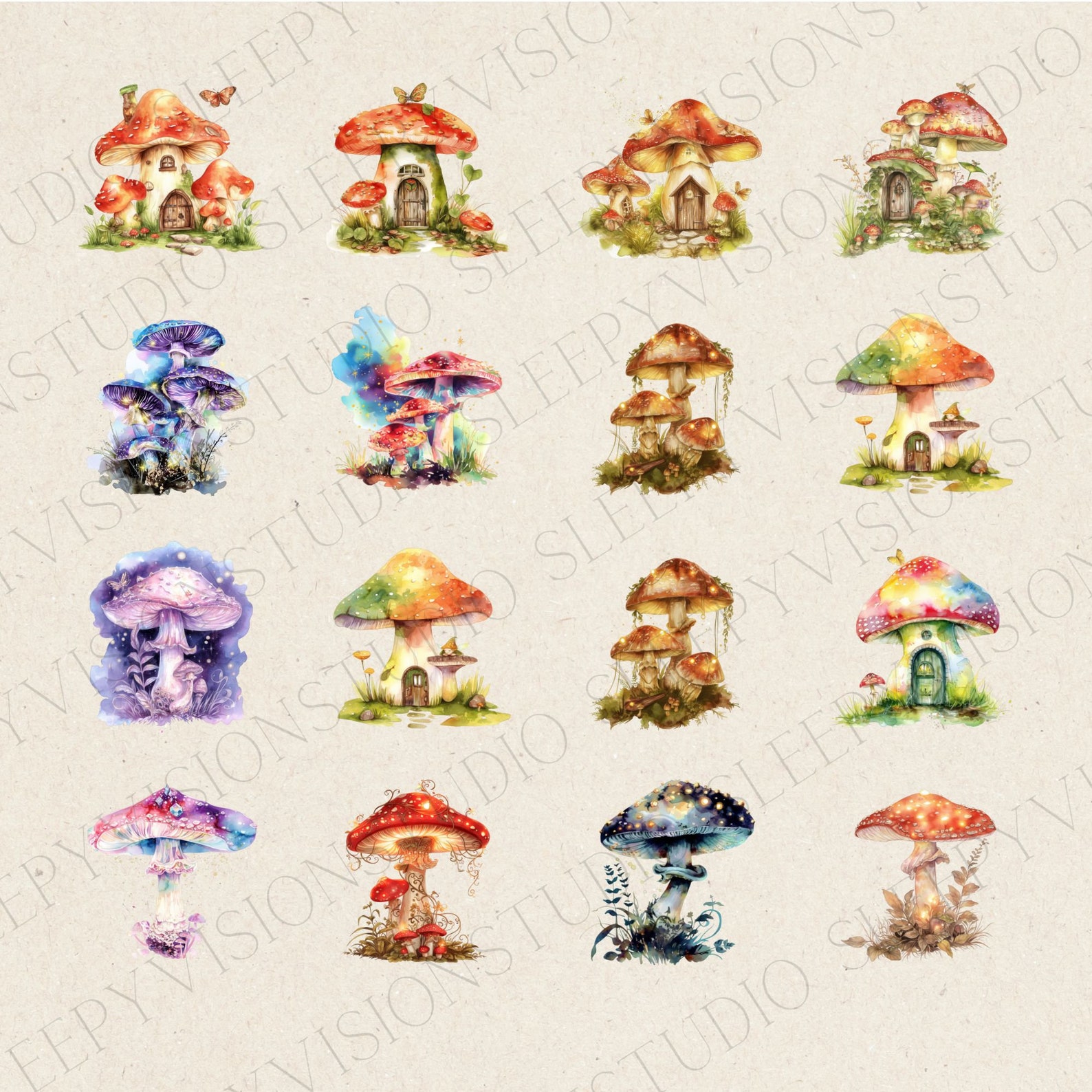 Whimsical Enchanted Mushroom Clip Art Set 65 PNG 300 DPI Watercolor ...