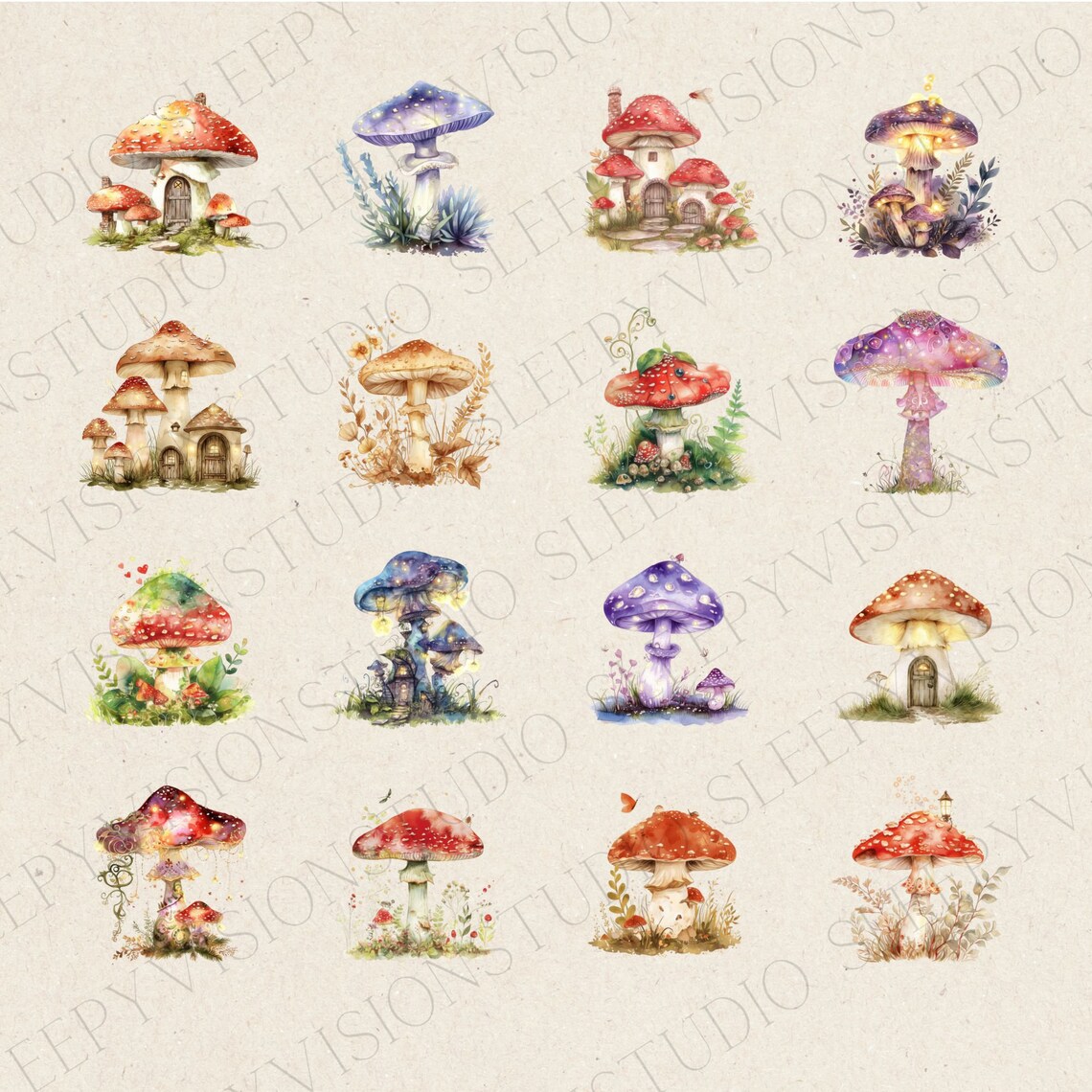 Whimsical Enchanted Mushroom Clip Art Set 65 PNG 300 DPI Watercolor ...