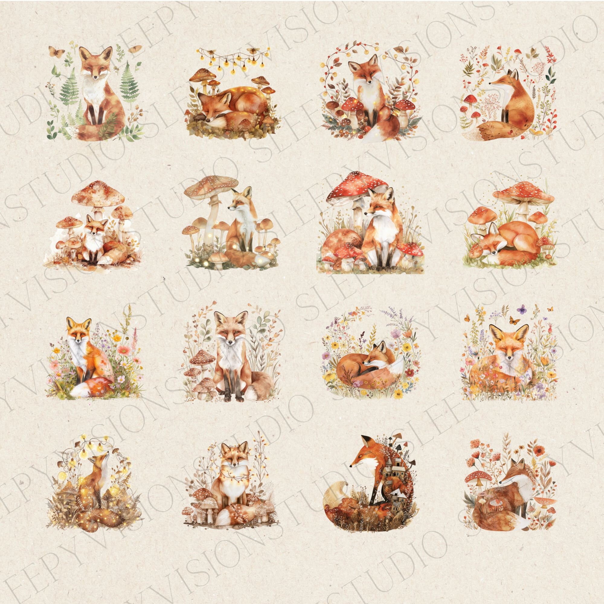 Woodland Little Fox Clip Art Set 20 PNG 300 DPI Watercolor Woodland ...