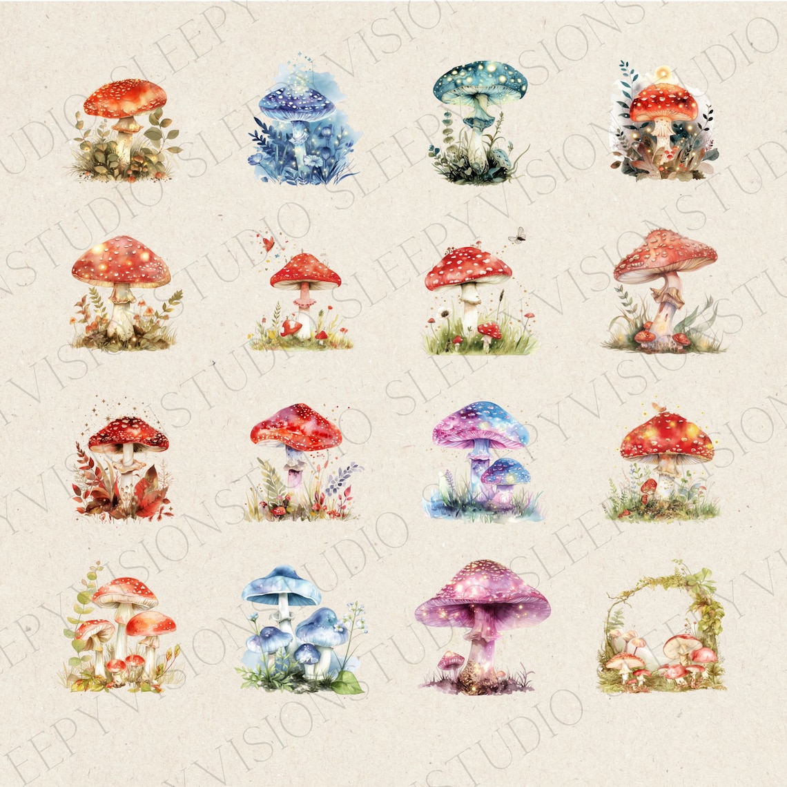 Whimsical Enchanted Mushroom Clip Art Set 65 PNG 300 DPI Watercolor ...