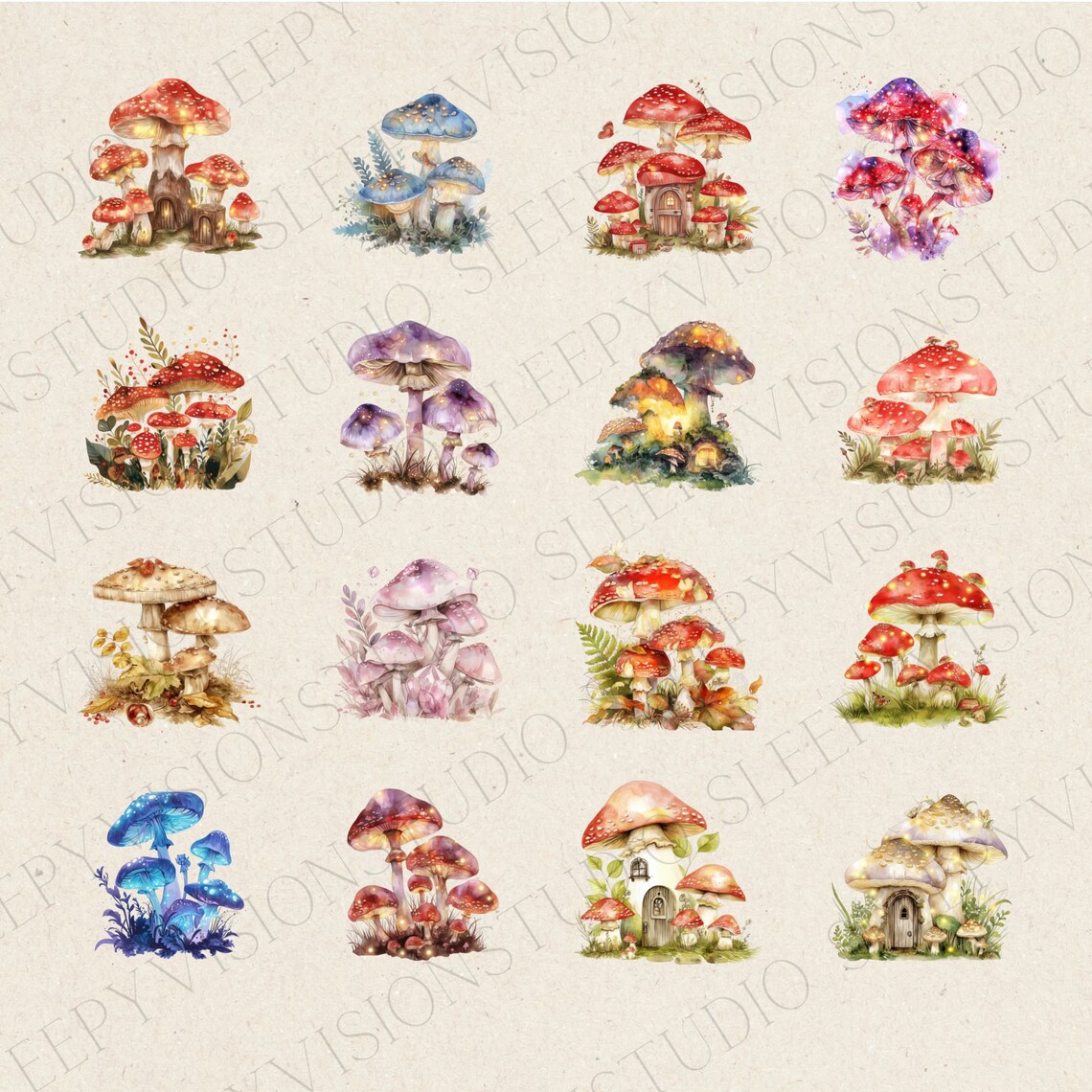 Whimsical Enchanted Mushroom Clip Art Set 65 PNG 300 DPI Watercolor ...