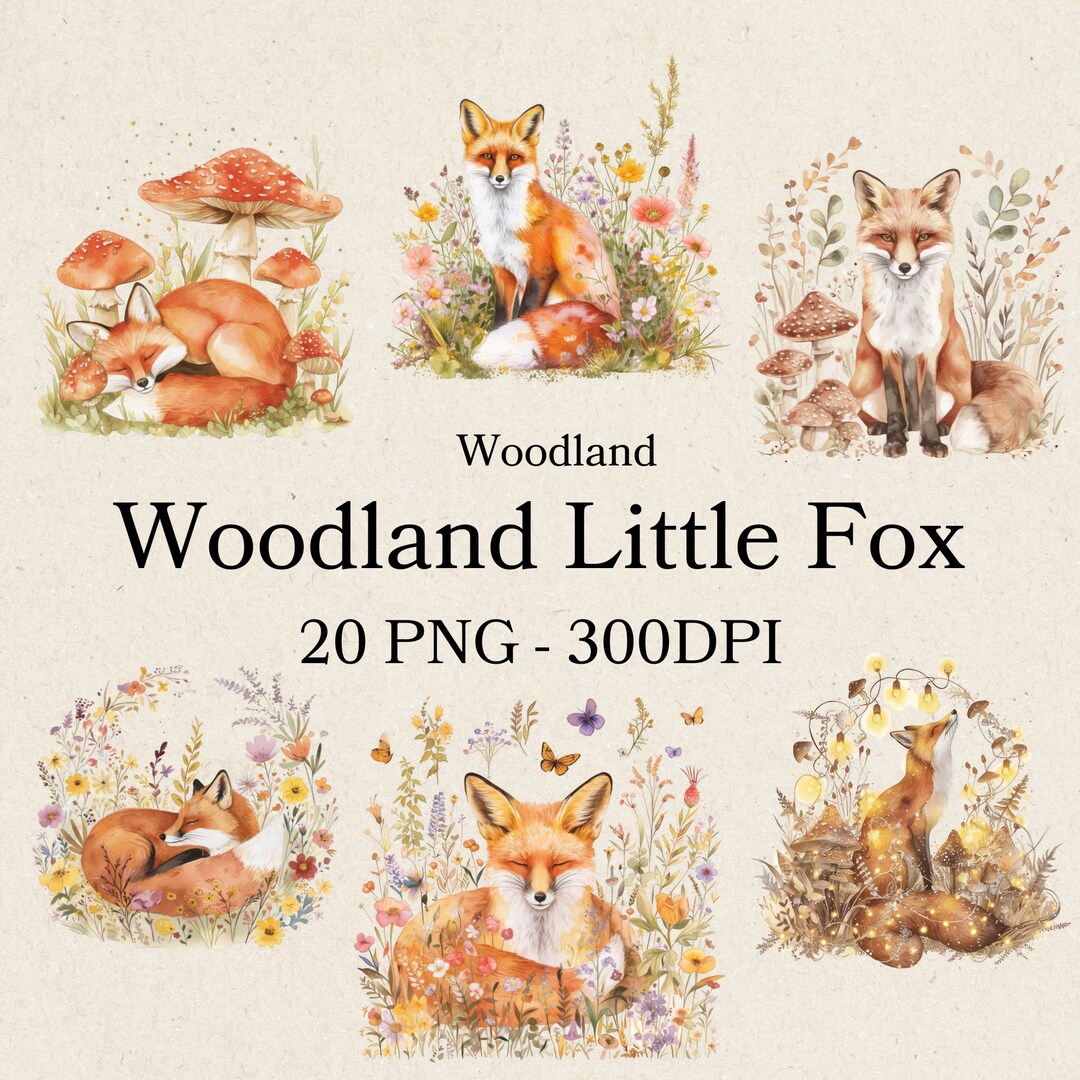 Woodland Little Fox Clip Art Set 20 PNG 300 DPI Watercolor Woodland ...