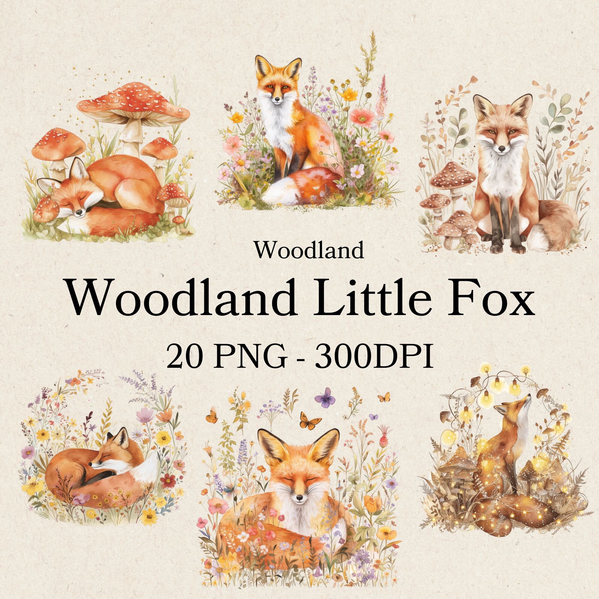 Woodland Little Fox Clip Art Set 20 PNG 300 DPI Watercolor Woodland ...