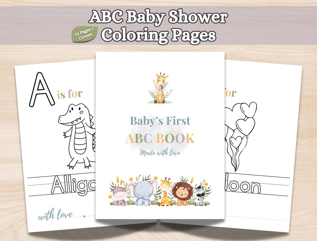 52 Pages ABC Baby Shower Coloring Book, Baby's First ABC Book, Jungle ...