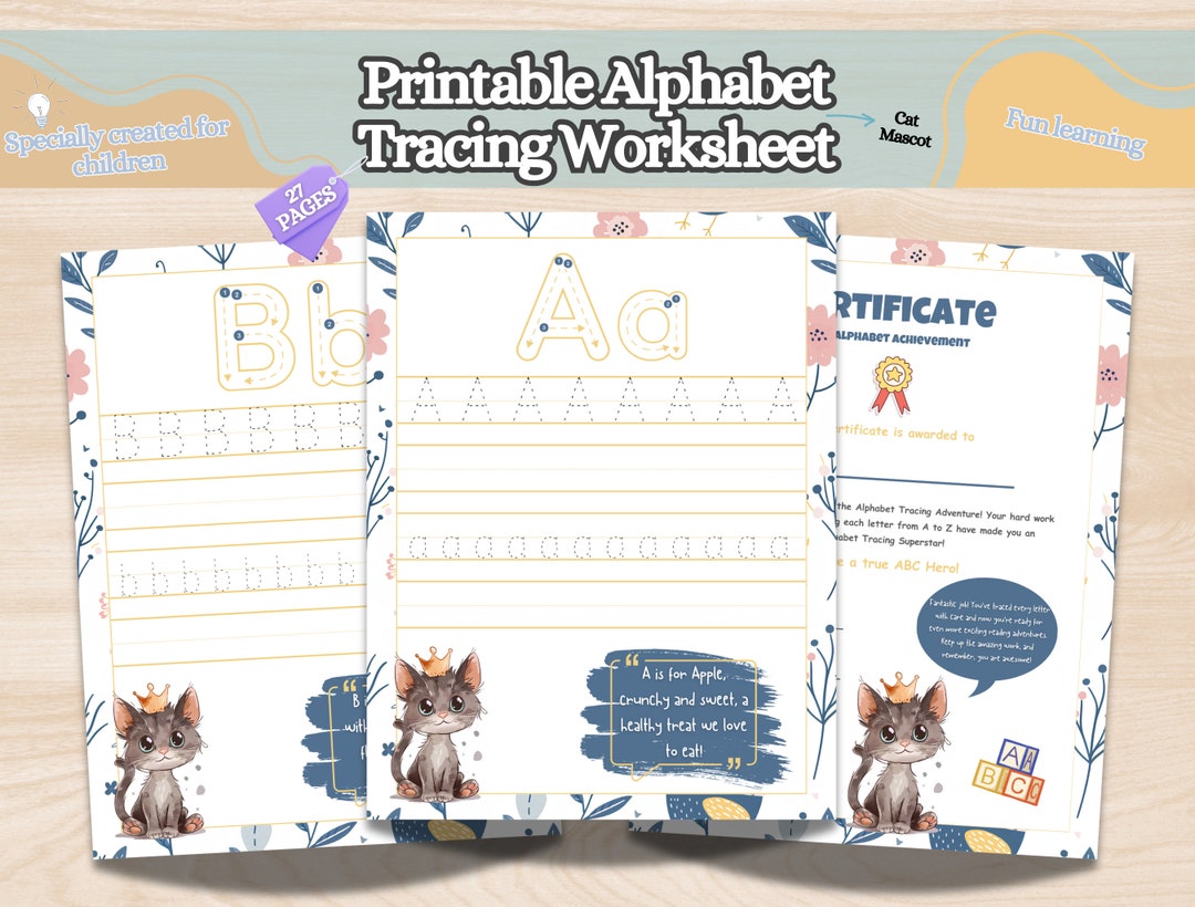 Printable Alphabet Tracing Worksheets With Charming Border and Cute Cat ...