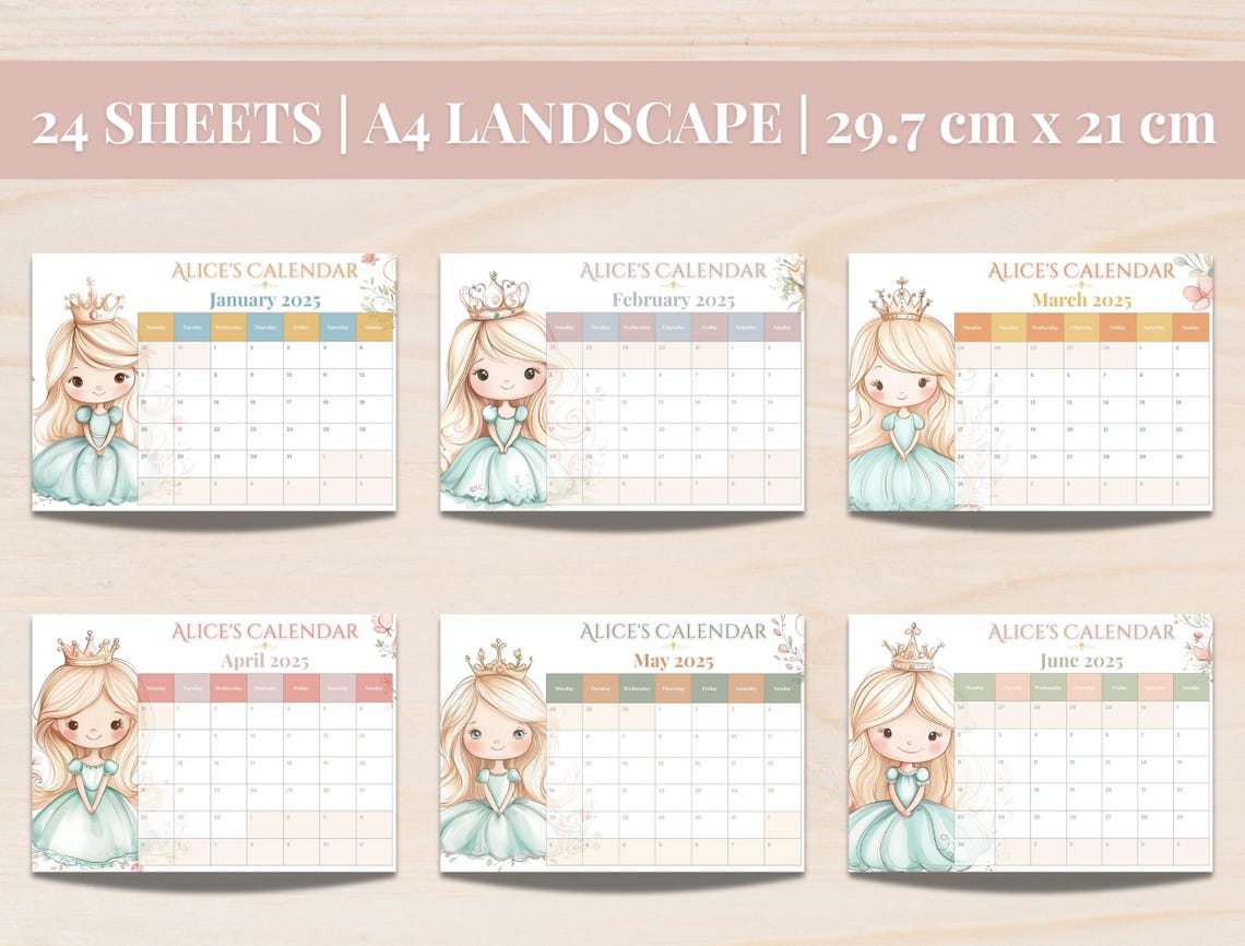 2025 Princess-themed Calendar for Kids, Editable Canva Template & Ready ...