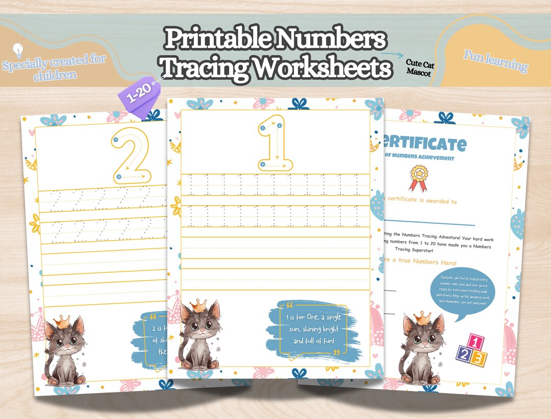 Printable Numbers Tracing Worksheets With Cute Cat Mascot ...
