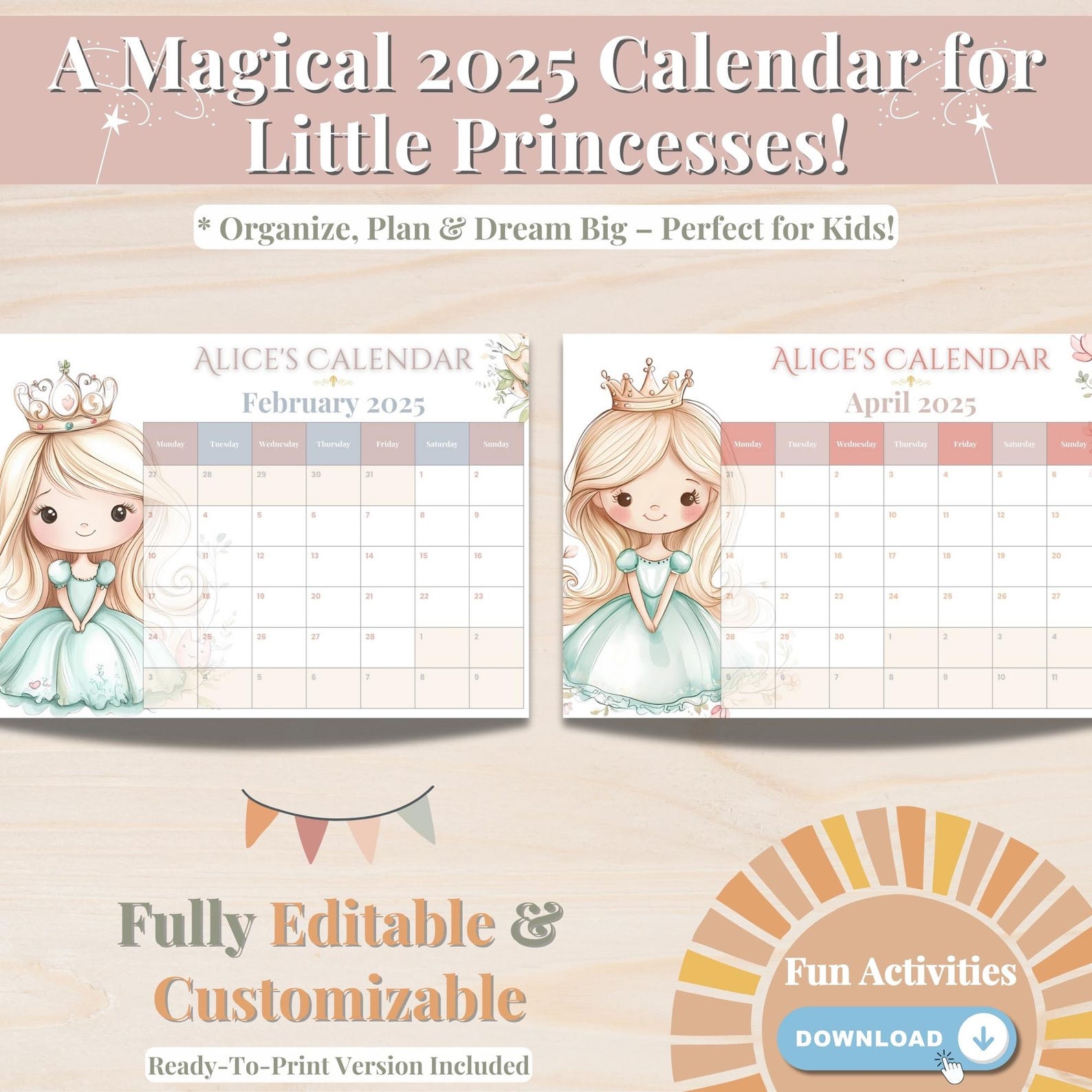 2025 Princess-themed Calendar for Kids, Editable Canva Template & Ready ...