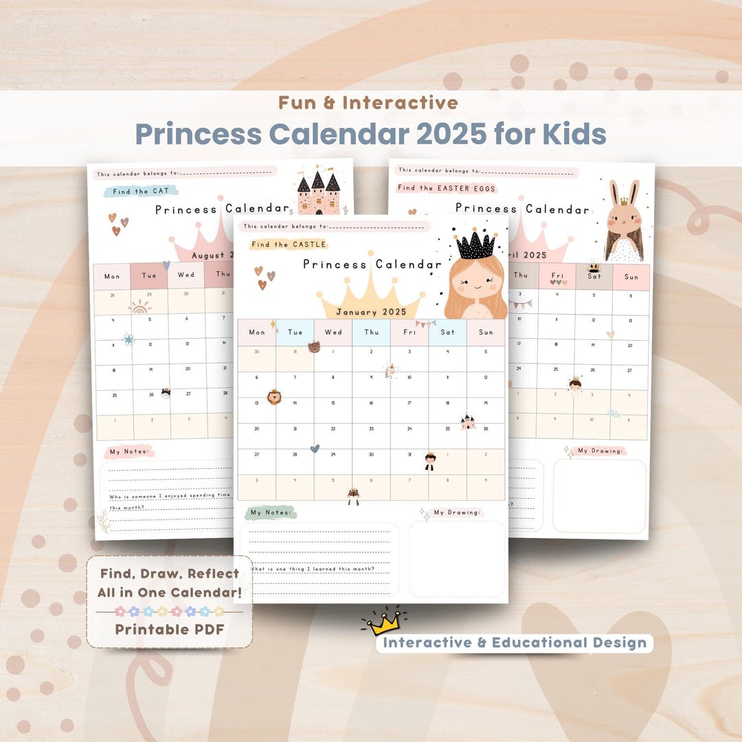 Princess Printable Calendar 2025 Interactive Kids Calendar With Monthly ...
