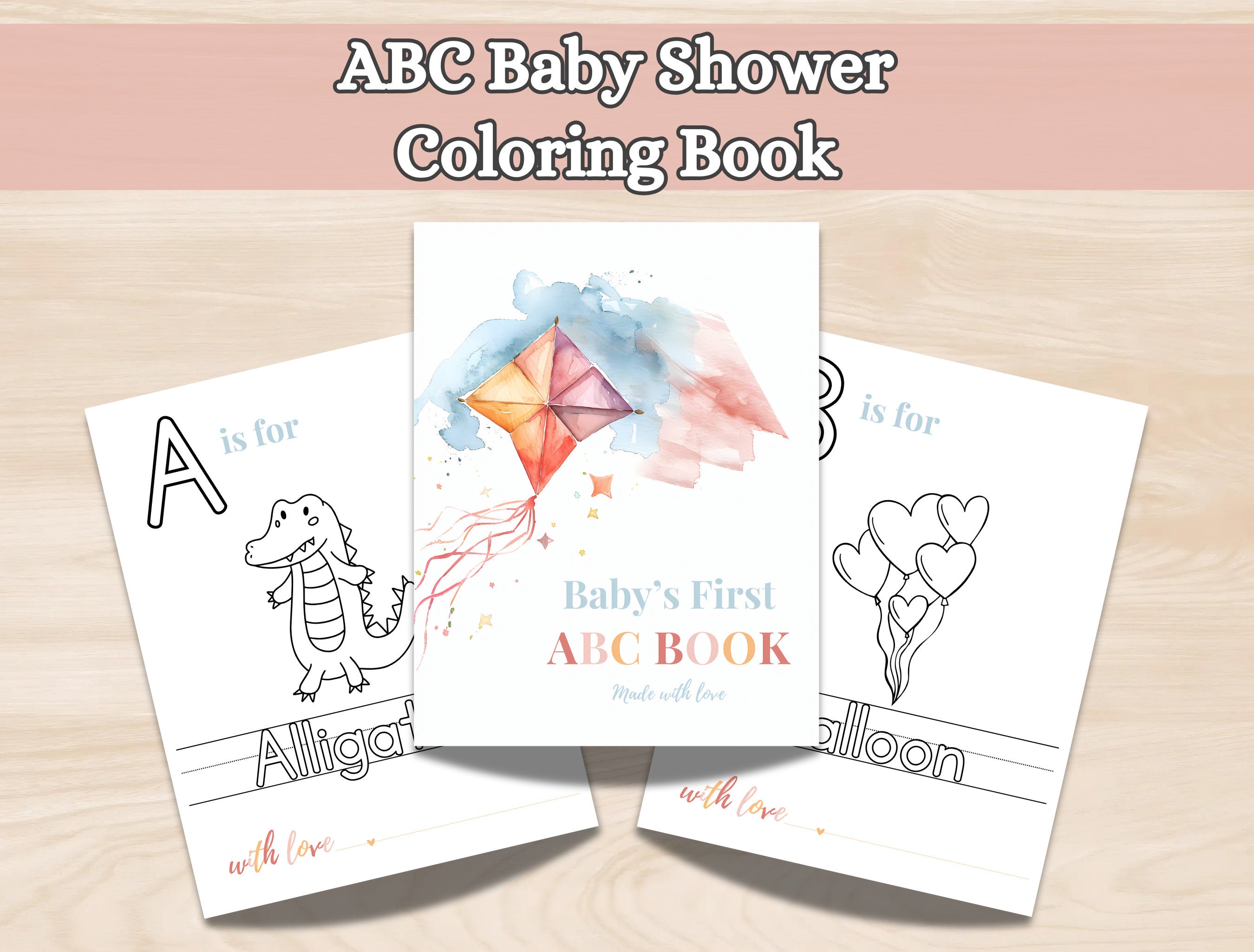 52 Pages ABC Baby Shower Coloring Book, Baby's First ABC Book, Kite ...