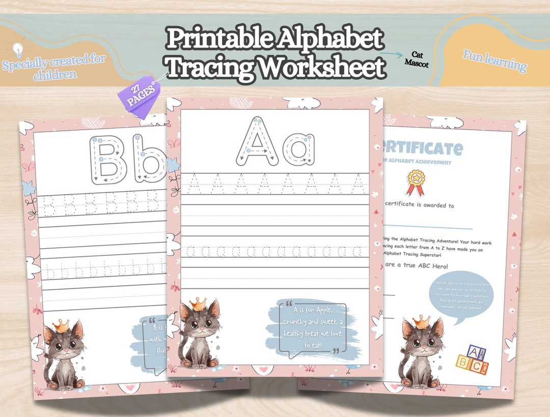 Printable Alphabet Tracing Worksheets With Fun Border and Cute Cat ...