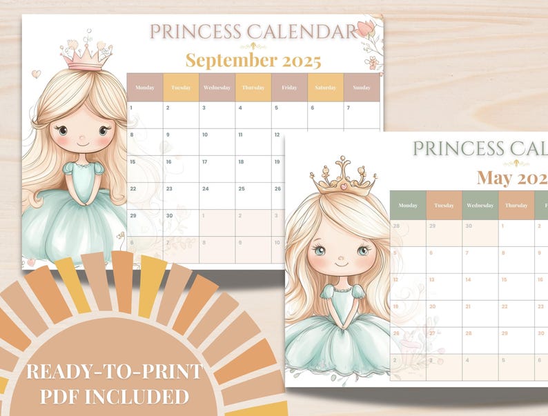 2025 Princess-themed Calendar for Kids, Editable Canva Template & Ready ...