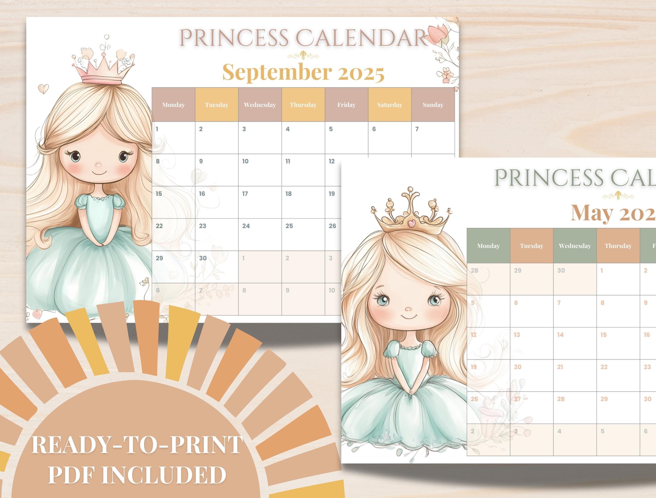 2025 Princess-themed Calendar for Kids, Editable Canva Template & Ready ...