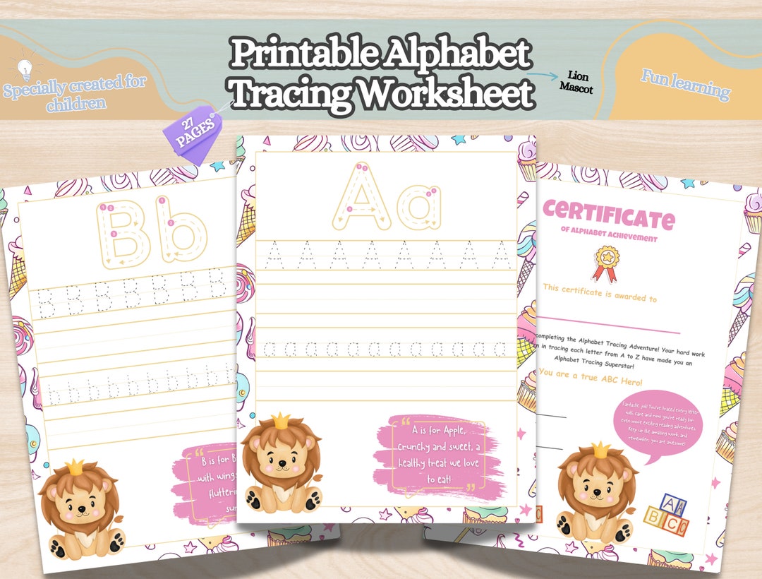 Printable Alphabet Tracing Worksheets With Sweets Border Cute Baby Lion ...