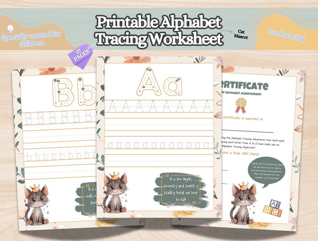 Printable Alphabet Tracing Worksheets With Lovely Border and Cute Cat ...