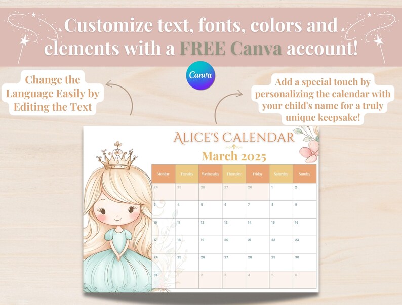 2025 Princess-themed Calendar for Kids, Editable Canva Template & Ready ...