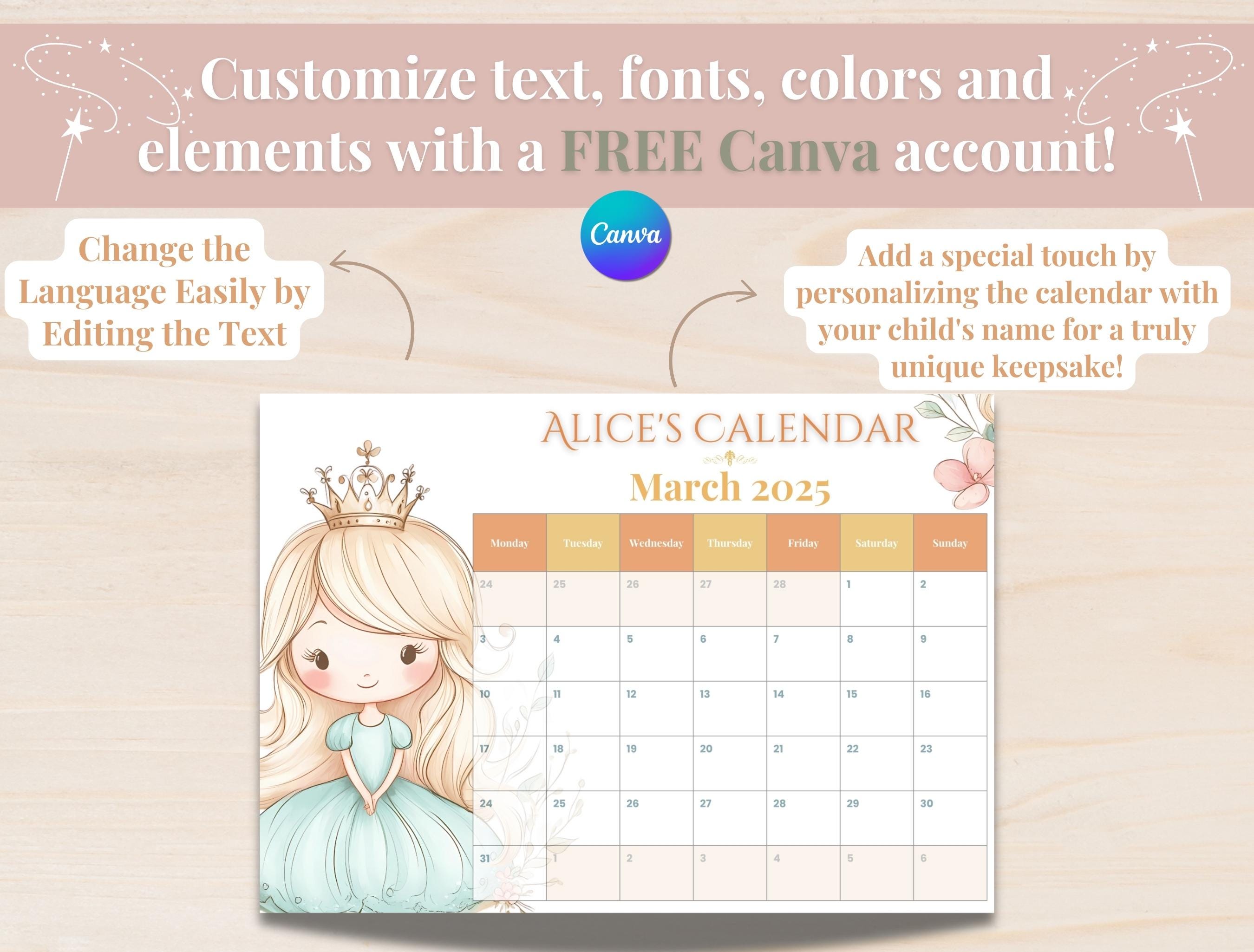 2025 Princess-themed Calendar for Kids, Editable Canva Template & Ready ...