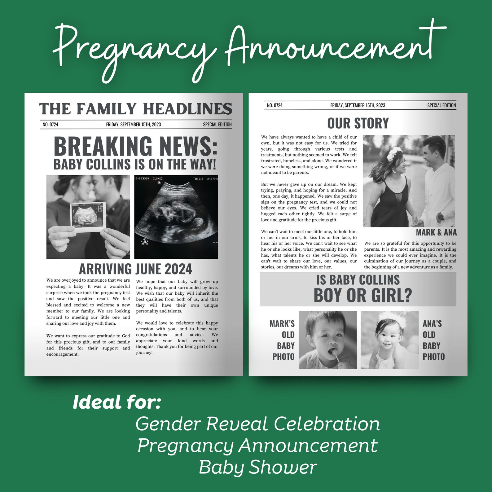 Editable Pregnancy Announcement Newspaper Template, Gender Reveal ...