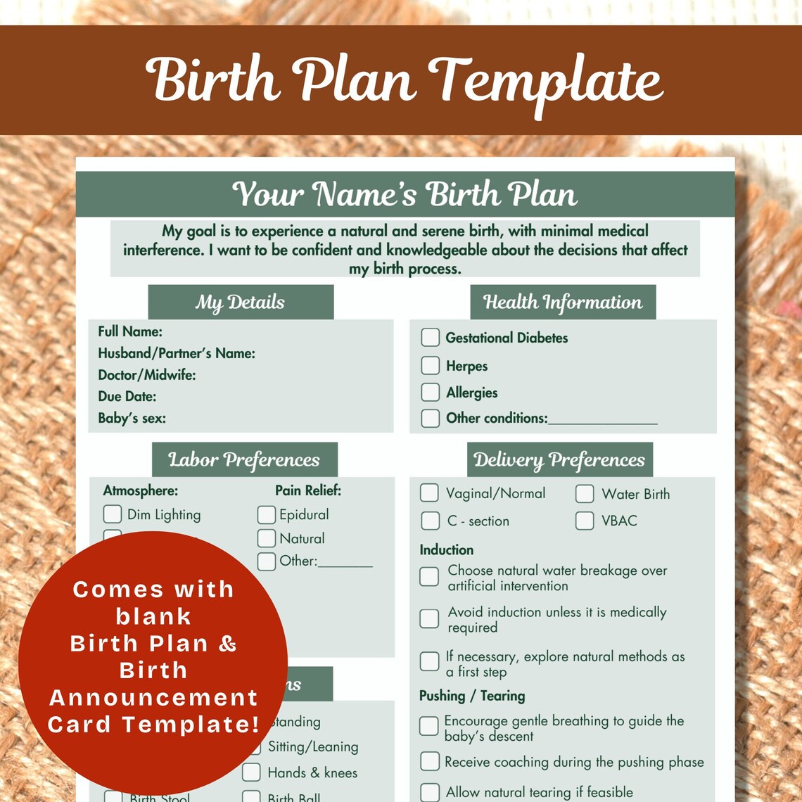 Birth Plan Template Birth Checklist Birth Preference Editable Birth ...
