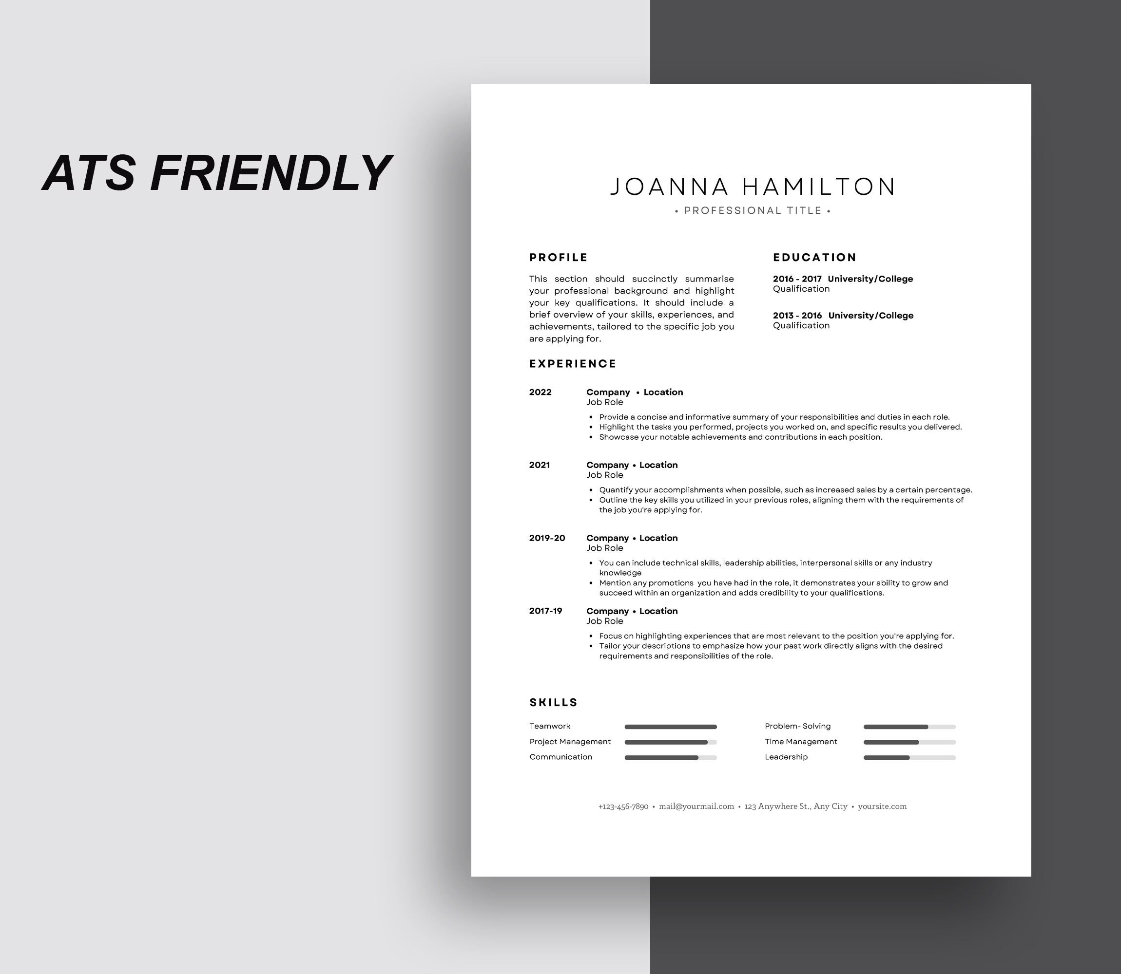 ATS Resume Template Cv Template Word ATS Friendly Resume - Etsy