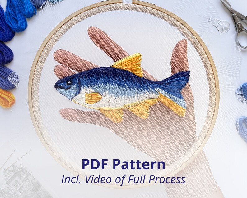PDF Pattern - Hand Embroidery Fish Design on Tulle for Beginners - Step ...