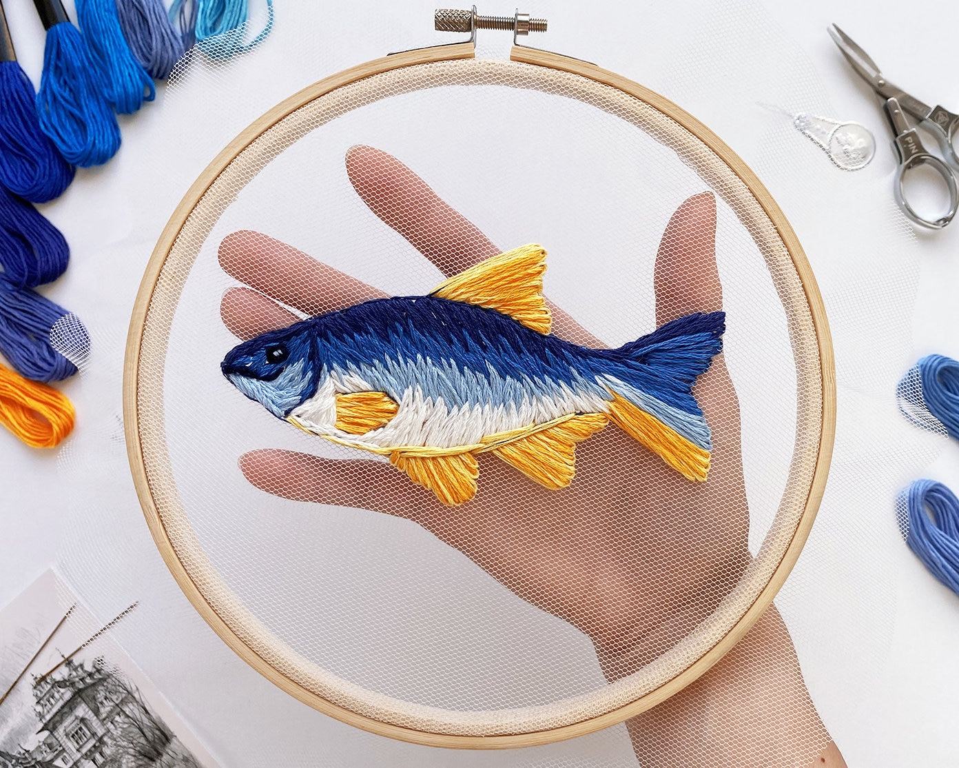 PDF Pattern Hand Embroidery Fish Design on Tulle for - Etsy
