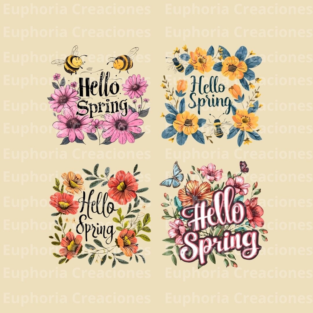 Hello Spring Bundle Flowers Clipart PNG Transparent Background Bees Png ...