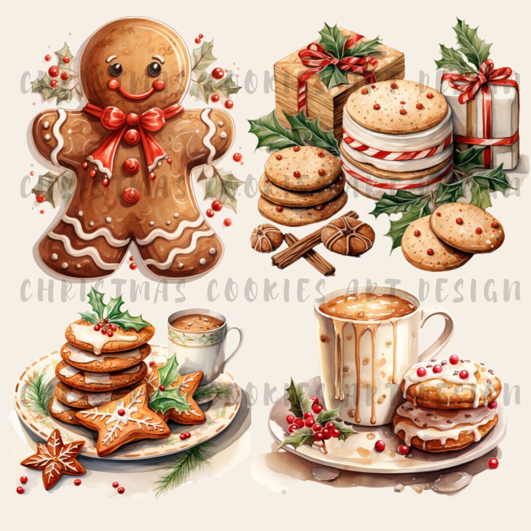 Festive Watercolor Gingerbread Cookies Clipart Set 23 High Quality PNG ...