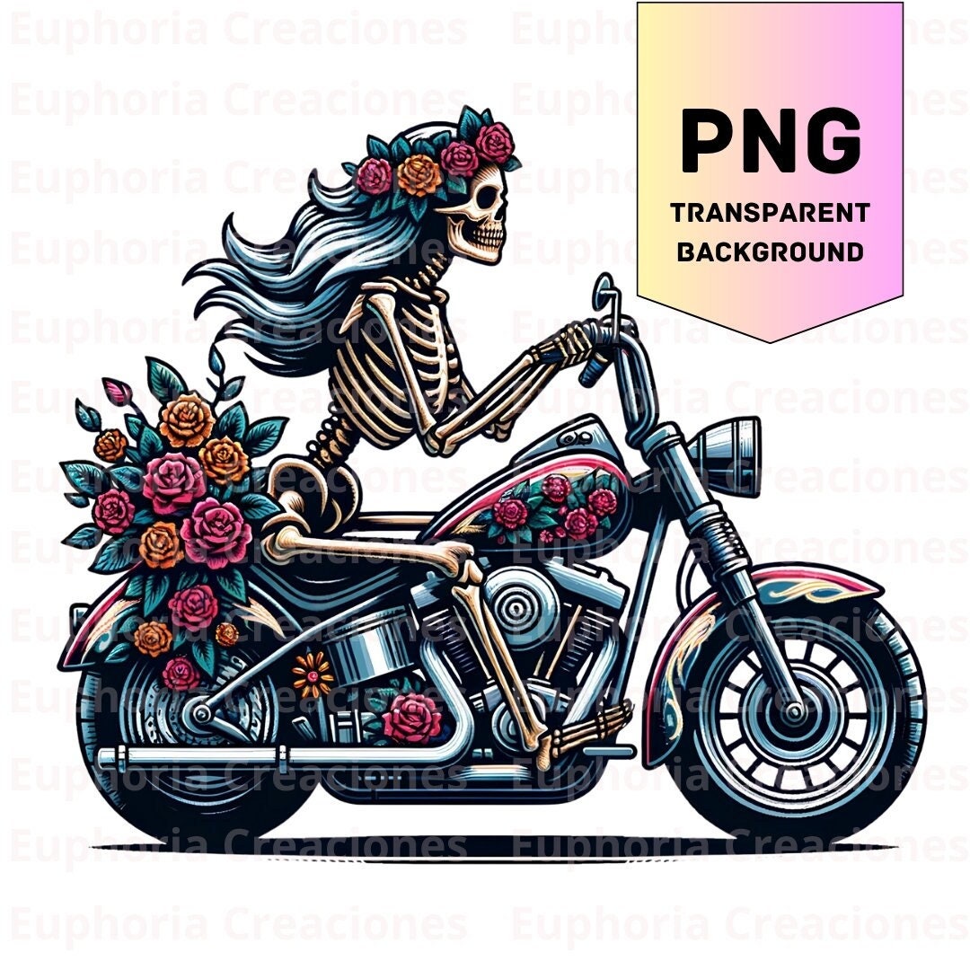 Biker Woman Skeleton With Flowers in PNG Instant Download Spring ...