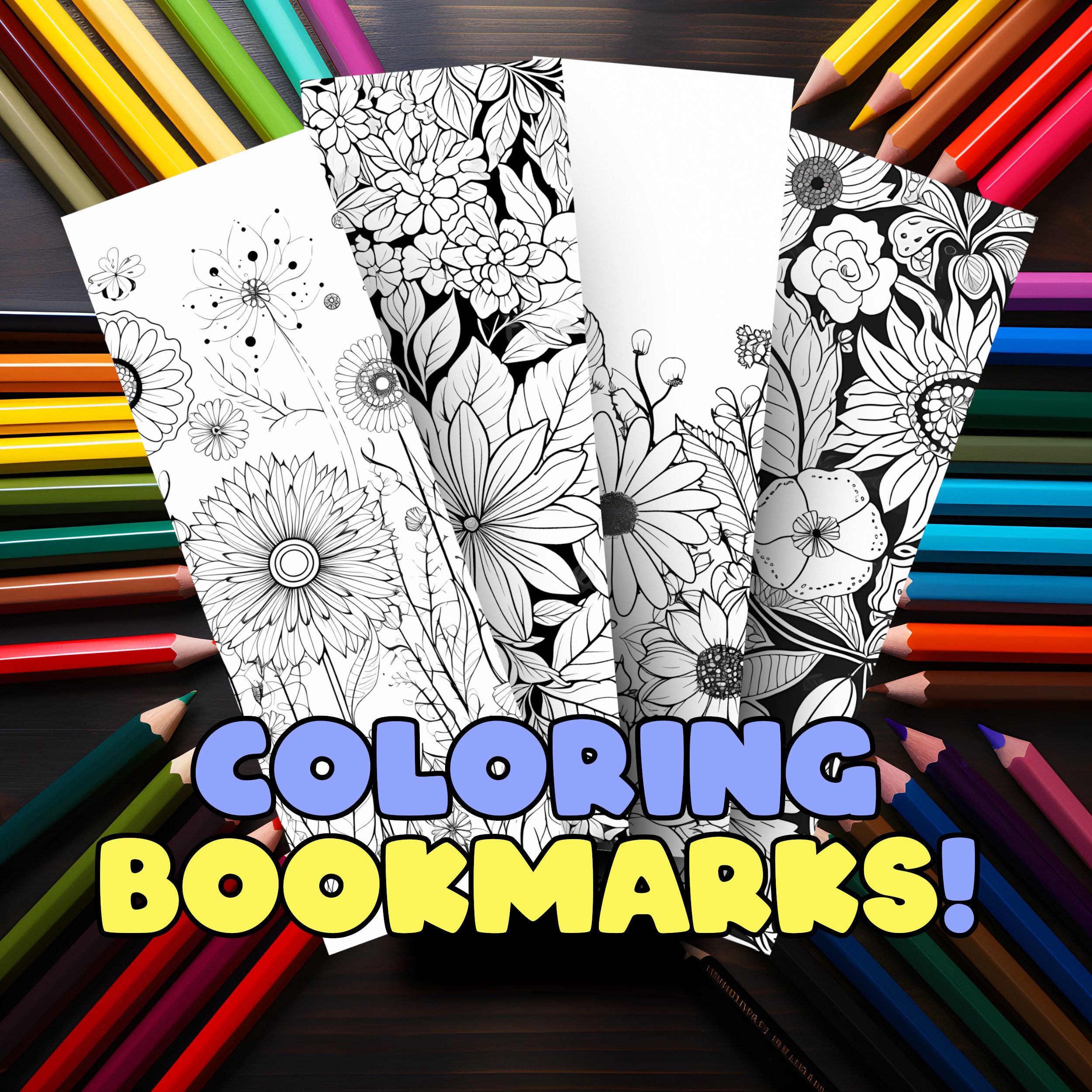 4 Flower Coloring Page Digital Bookmarks Digital Download - Etsy