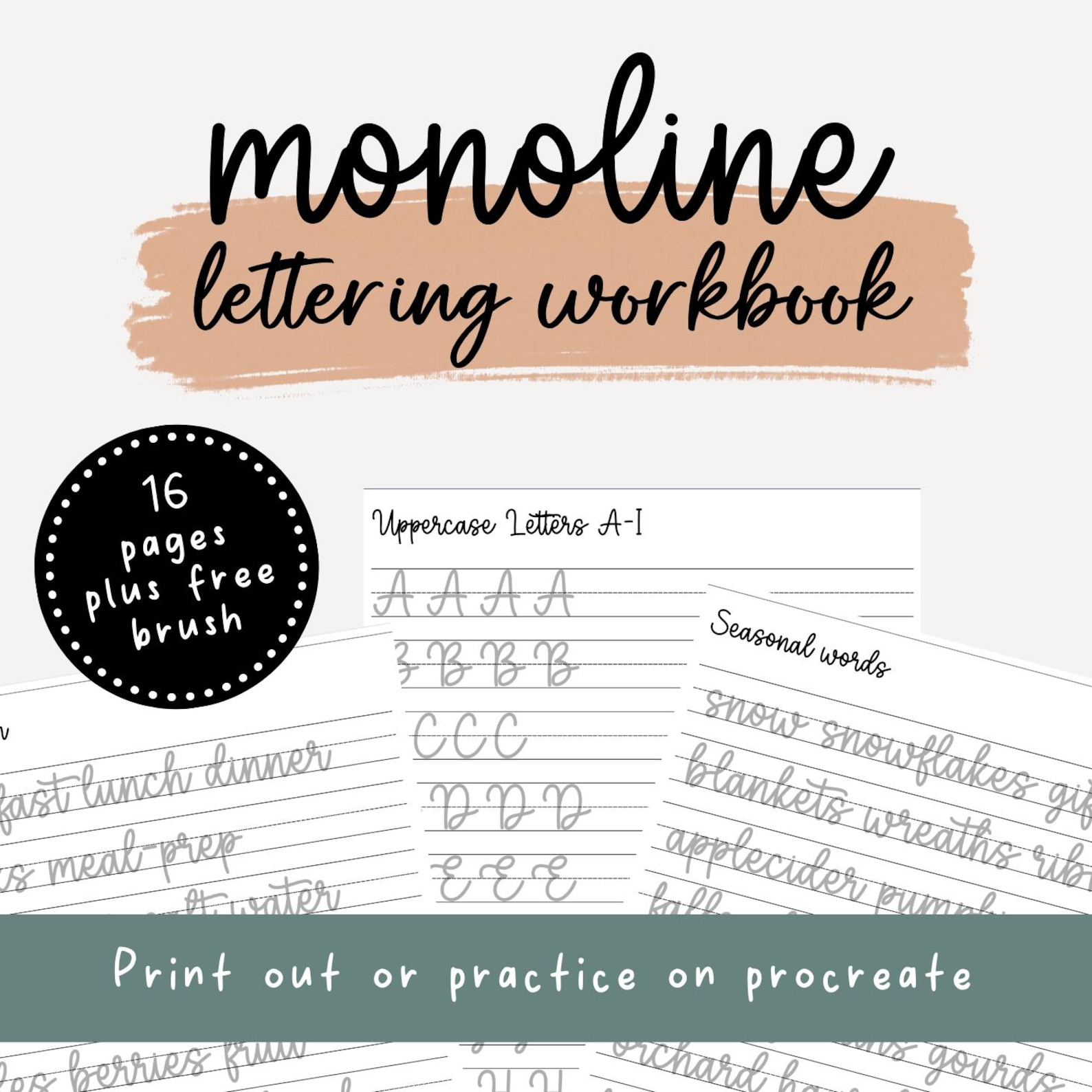 Monoline Hand Lettering Practice Pages, Digital Download, Procreate ...