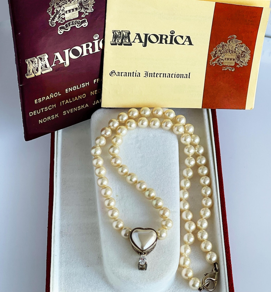 Majorica Pearl Necklace With Heart Pendant & Crystal Accent Vintage, 17 ...