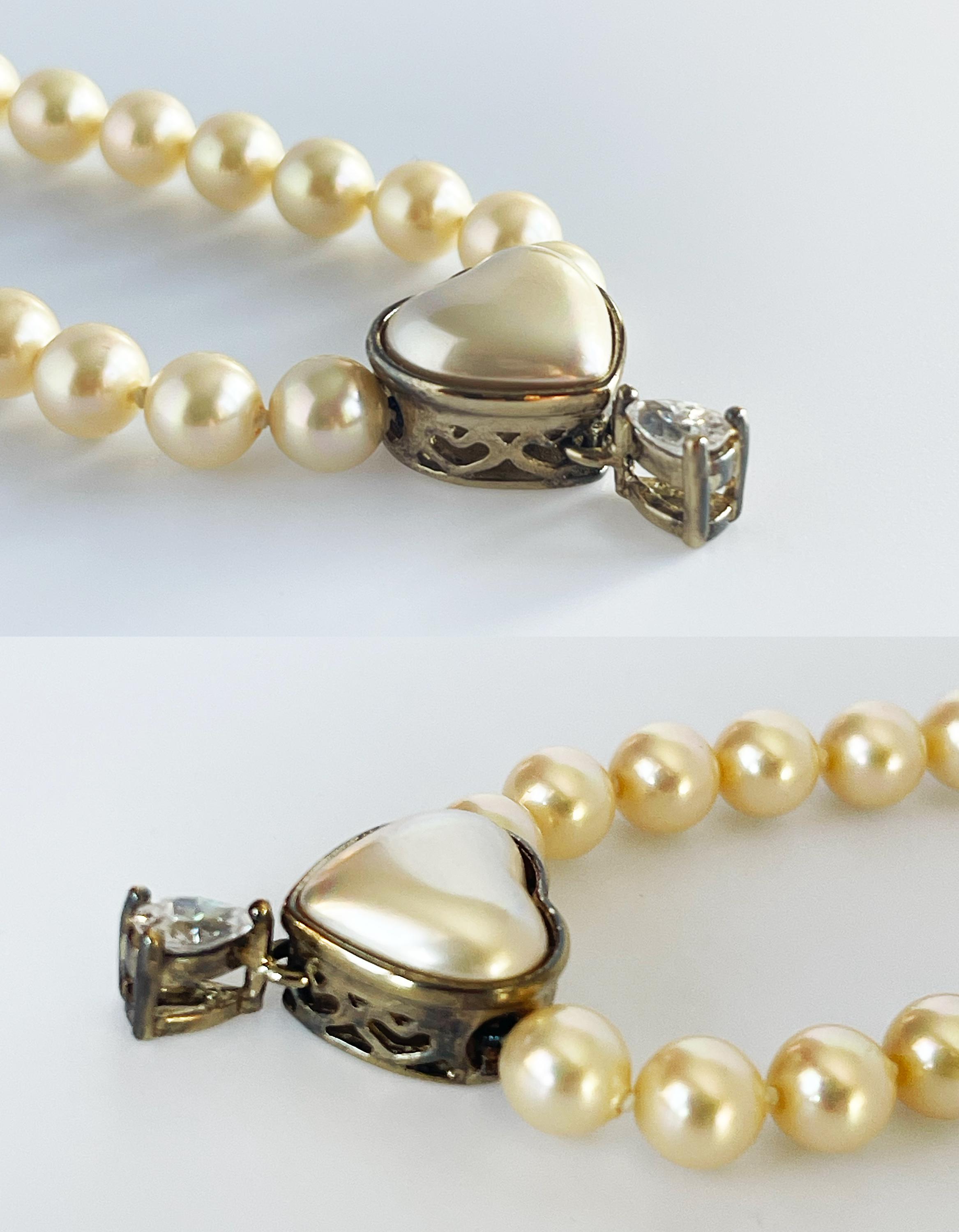 Majorica Pearl Necklace With Heart Pendant & Crystal Accent Vintage, 17 ...