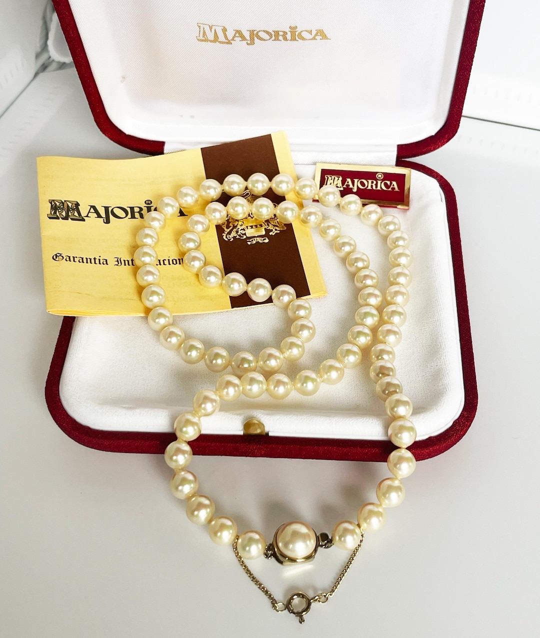 Vintage MAJORICA Pearl Necklace in Box, 24" Single Strand, Gold Silver ...