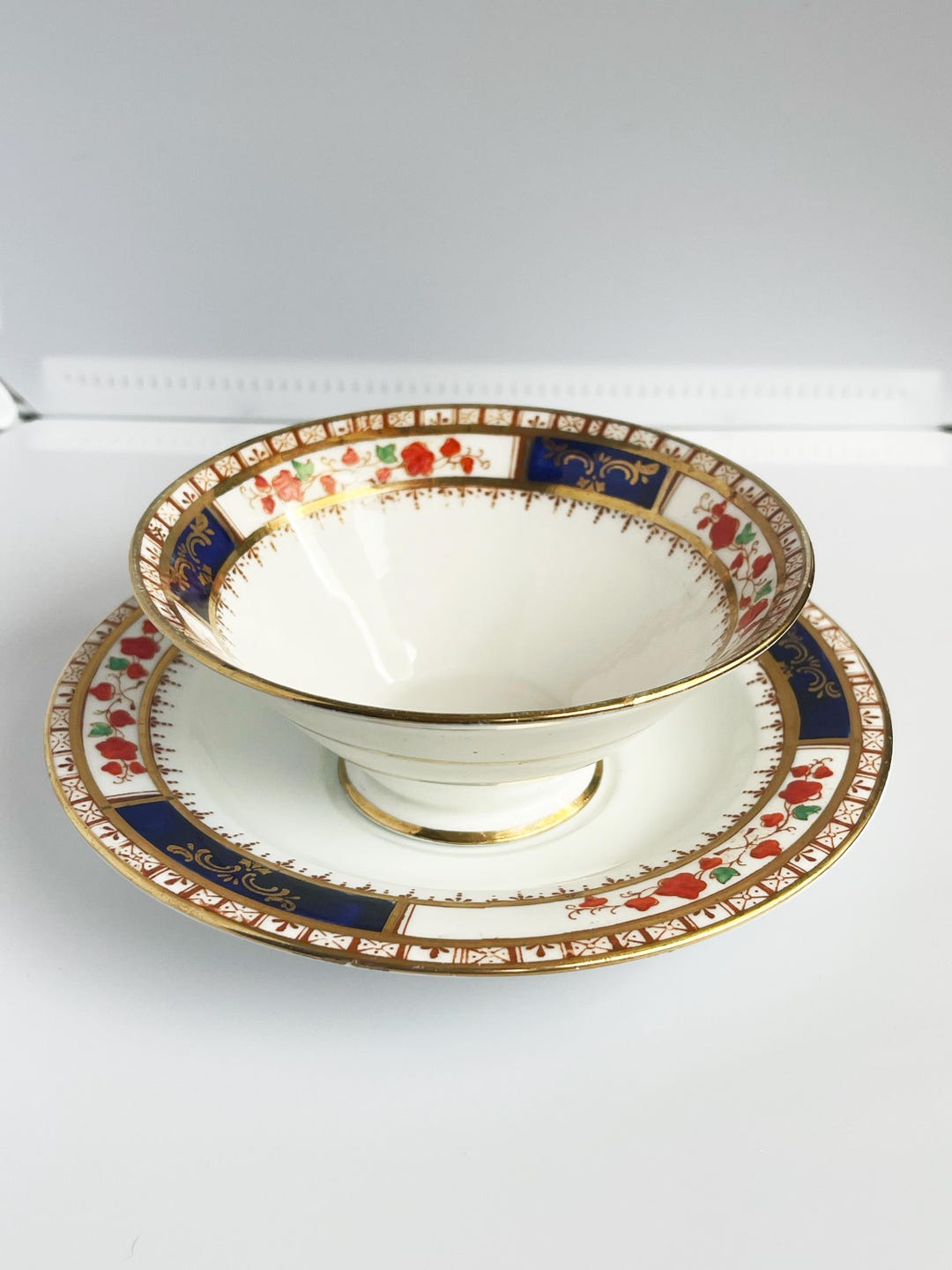 Royal Stafford Bone China Dessert Dish & Saucer: Gold Rim, Red Flowers ...