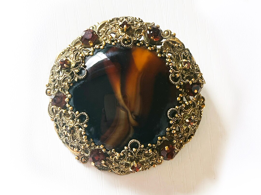 Vintage 1950s West German Brooch Jewellery - Ornate Brass Filigree With ...