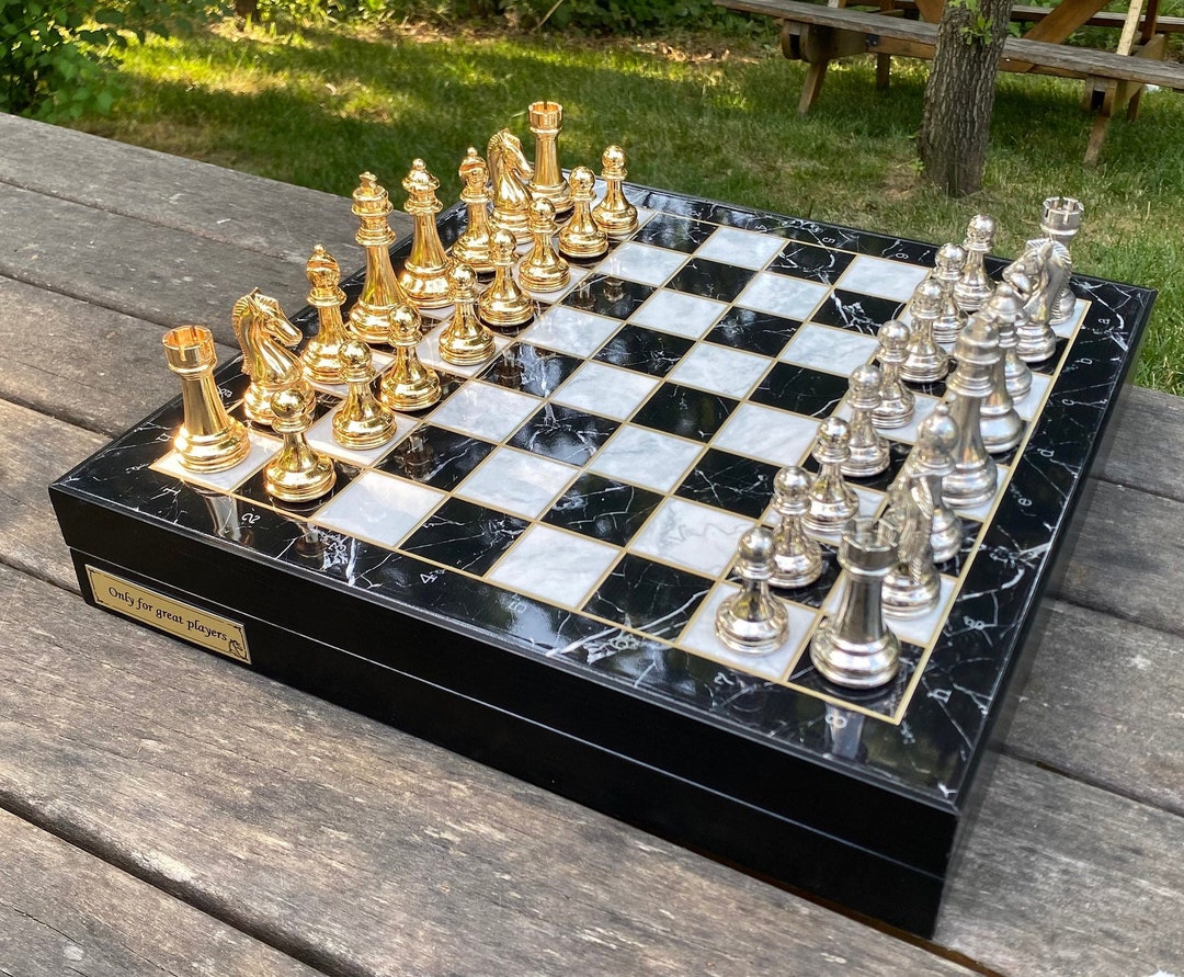 Personalized Chess Set: Gold & Silver Metal Pieces, Marble-patterned ...
