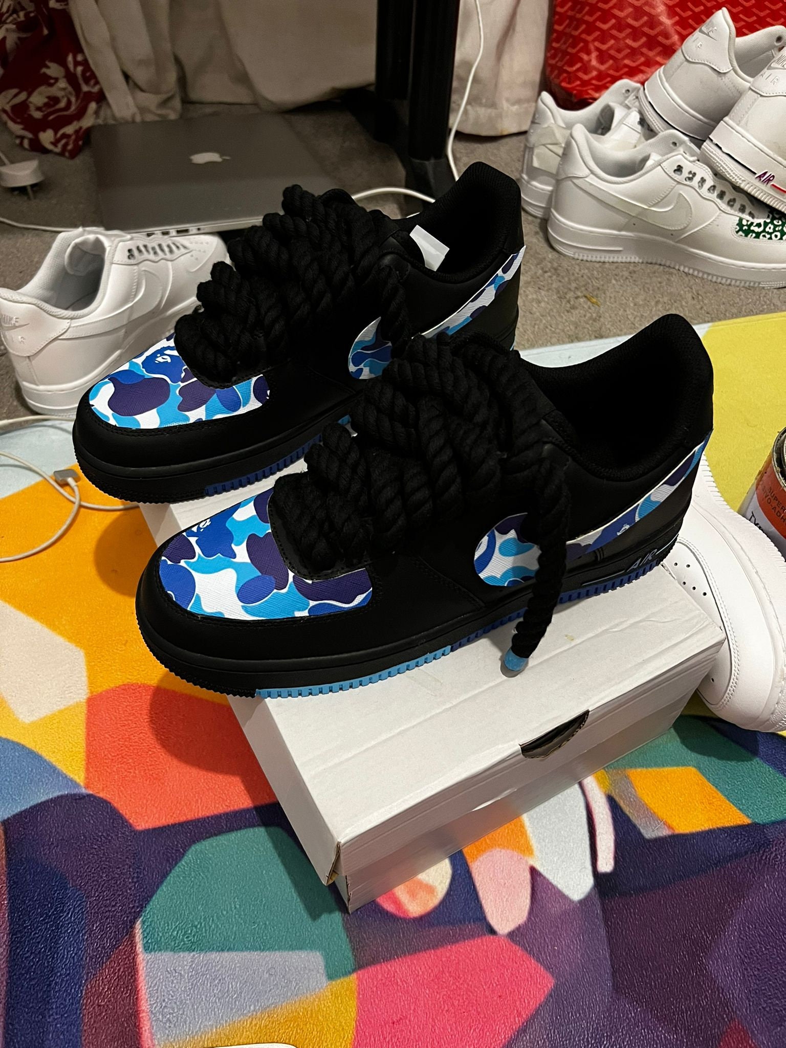 Custom Air Force One Bape Blue Rope Lace Hand Paint - Etsy UK
