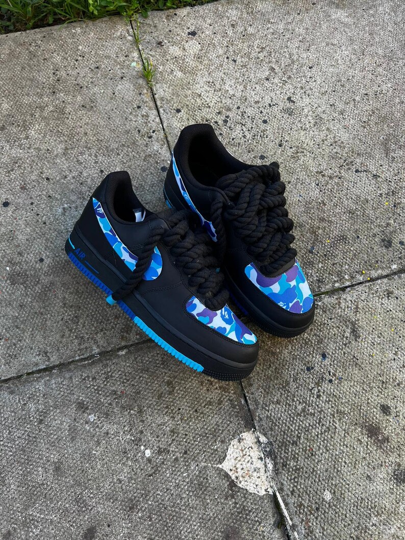 Custom Air Force One Bape Blue Rope Lace Hand Paint - Etsy UK